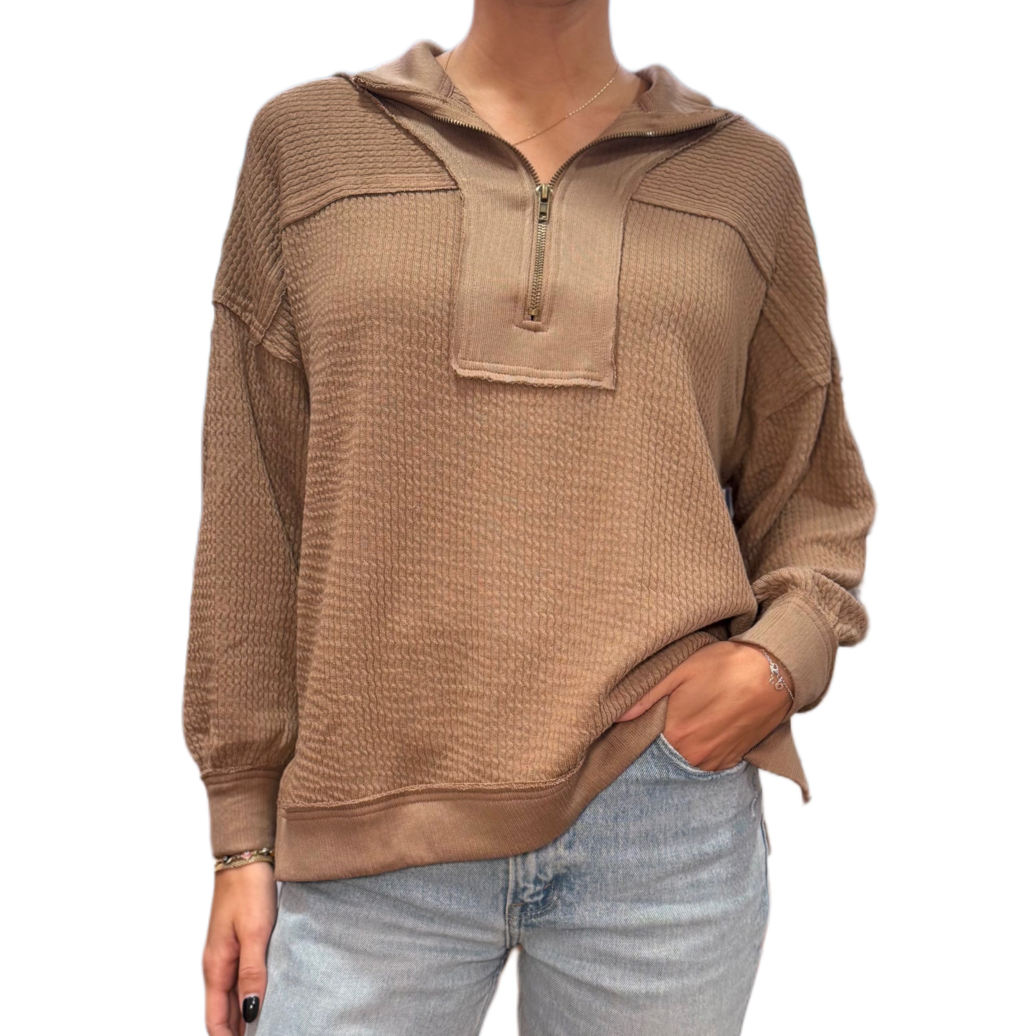 Half Zip Collared Long Sleeve Waffle Knit top | Mocha – Bellisima by ...